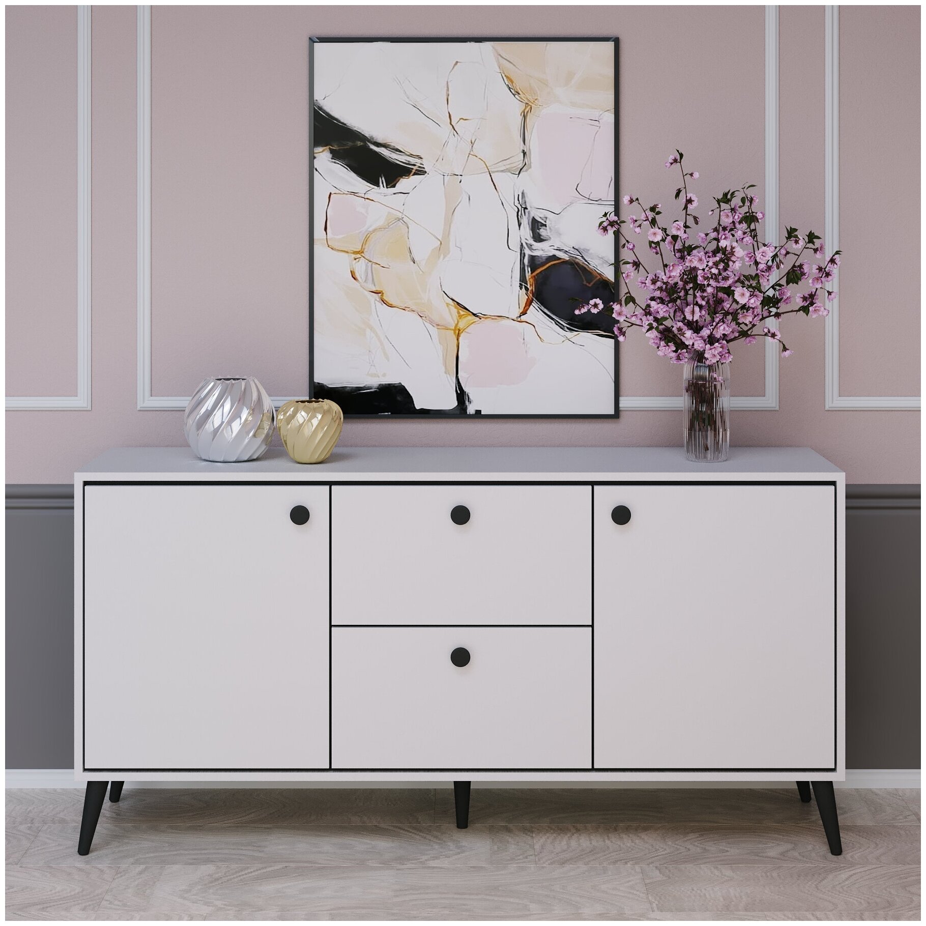 Комод белый комод - тумба "Либерти", с ручками, на высоких ножках, 2 выдвижных ящика, 150х40х75см.