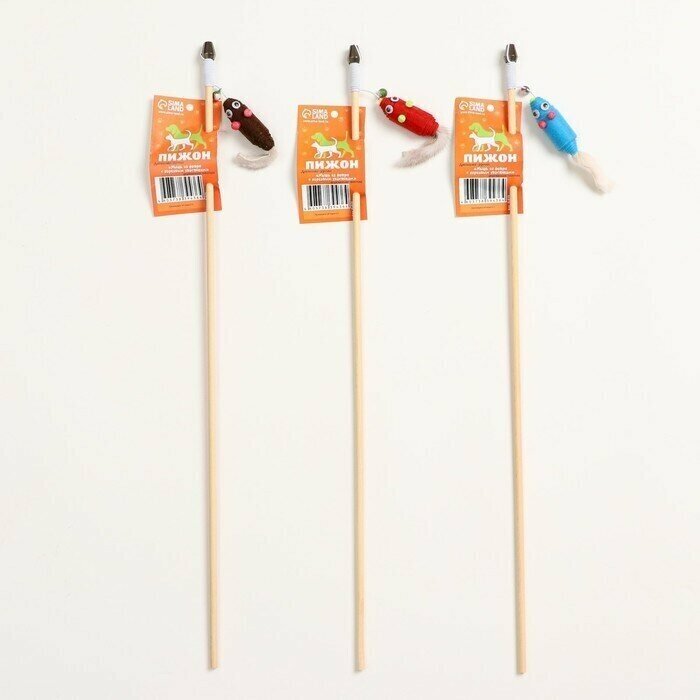 Дразнилка - удочка 'Мышь из фетра с норковым хвостиком' на деревянной палочке
