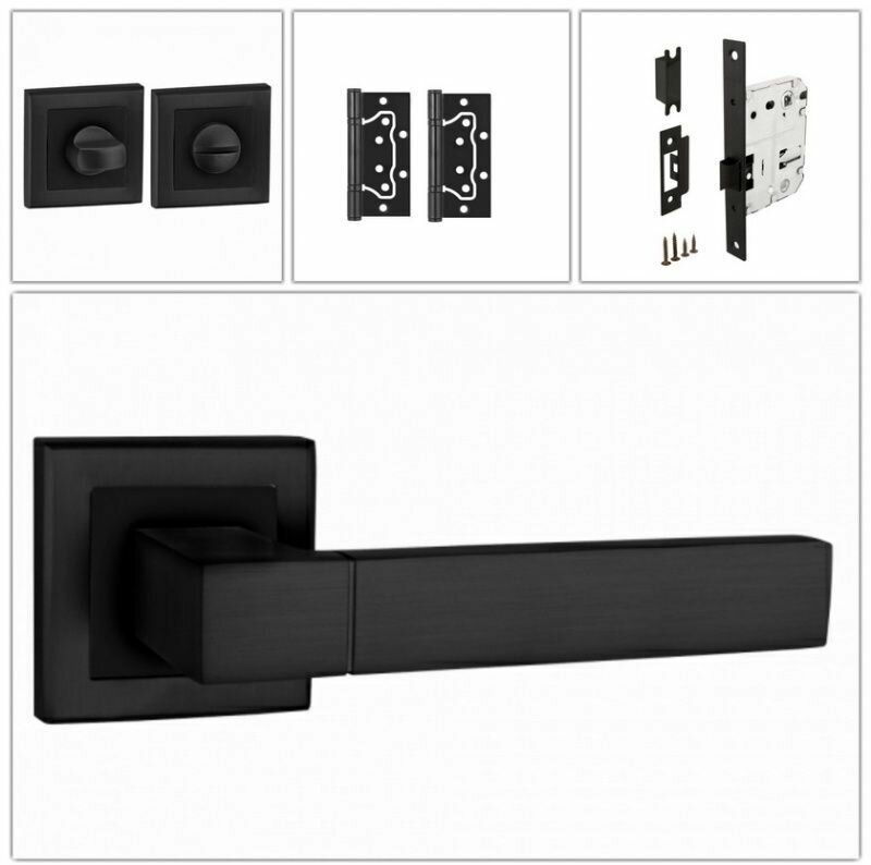 Ручка дверная межкомнатная Punto STYLE_QL_BL-24_WC, черный (ручка + замок WC + 2 петли без врезки + завертка)