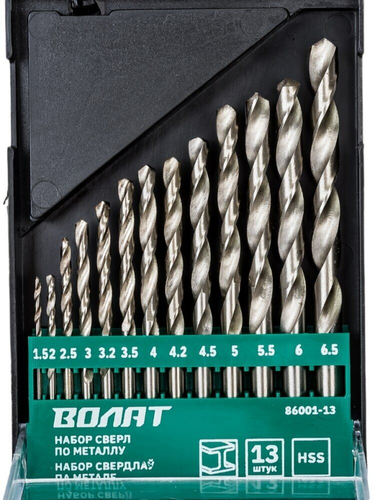 Набор сверл по металлу 13 шт, 1.5-6.5 мм, HSS волат 86001-13