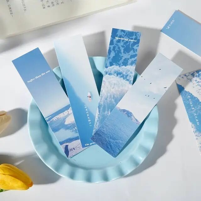 Бумажные закладки пастельно - голубого оттенка, с красивыми видами морского пейзажа для книг, ежедневников, дневников, тетрадей, блокнотов - Голубой прилив