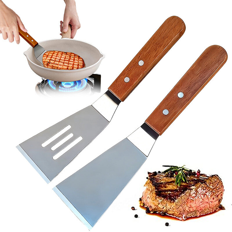 Лопатка-пресс для мяса с деревянной ручкой из нержавеющей стали, 2 шт, для гриля