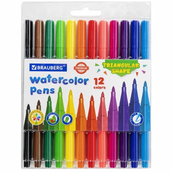 Фломастеры Brauberg трехгранные 12 цветов, вентилируемый колпачок, "PREMIUM", ПВХ-упаковка, 152193