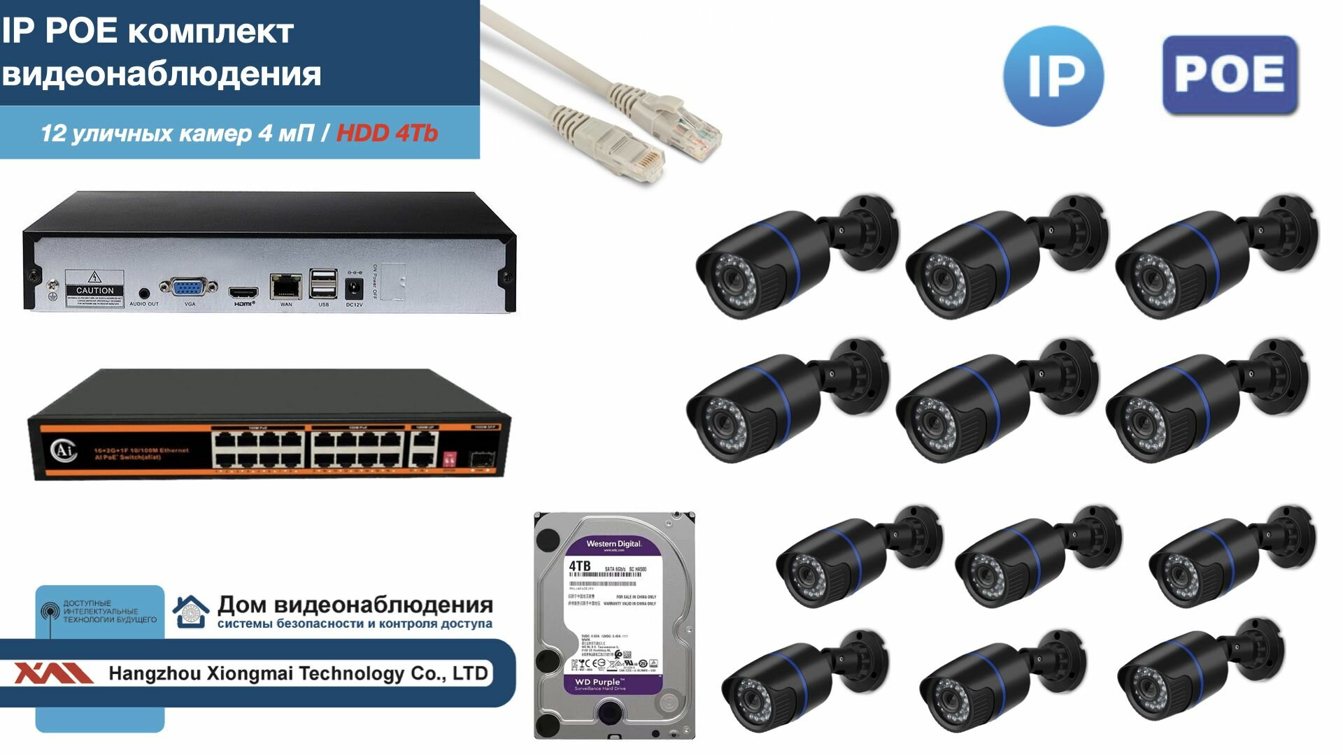 Полный IP POE комплект видеонаблюдения на 12 камер (KIT12IPPOE100B4MP-HDD4Tb)
