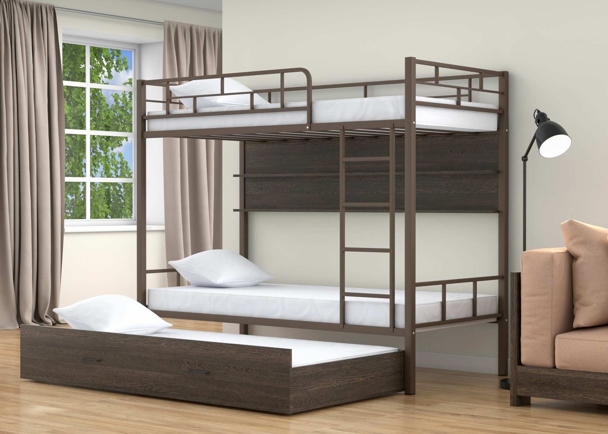 Трехъярусная кровать металлическая "Валенсия" выкатная с полкой Коричневый/Венге