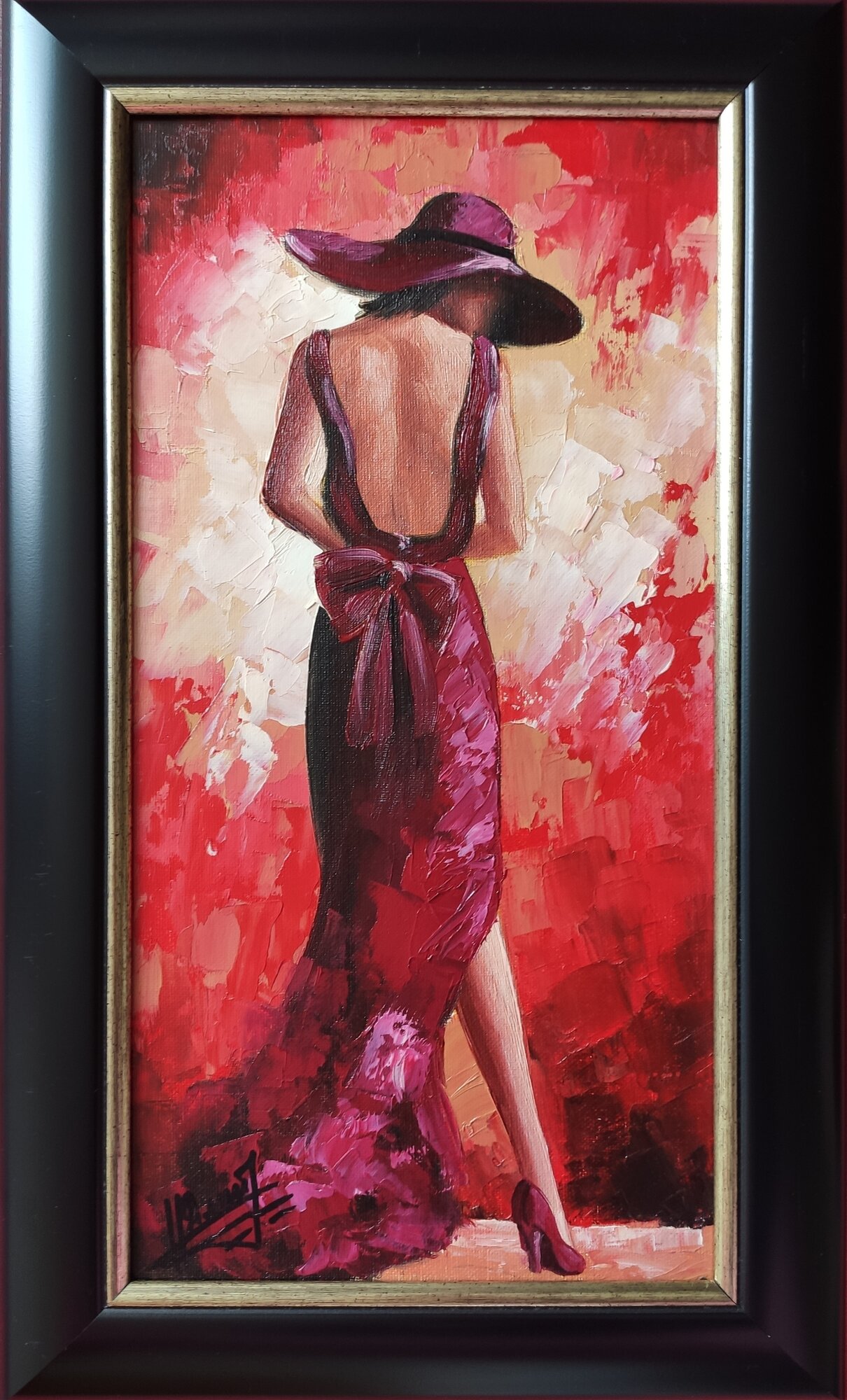 Картина маслом "Дама в красном", 40*20 см, Ручная работа, в раме