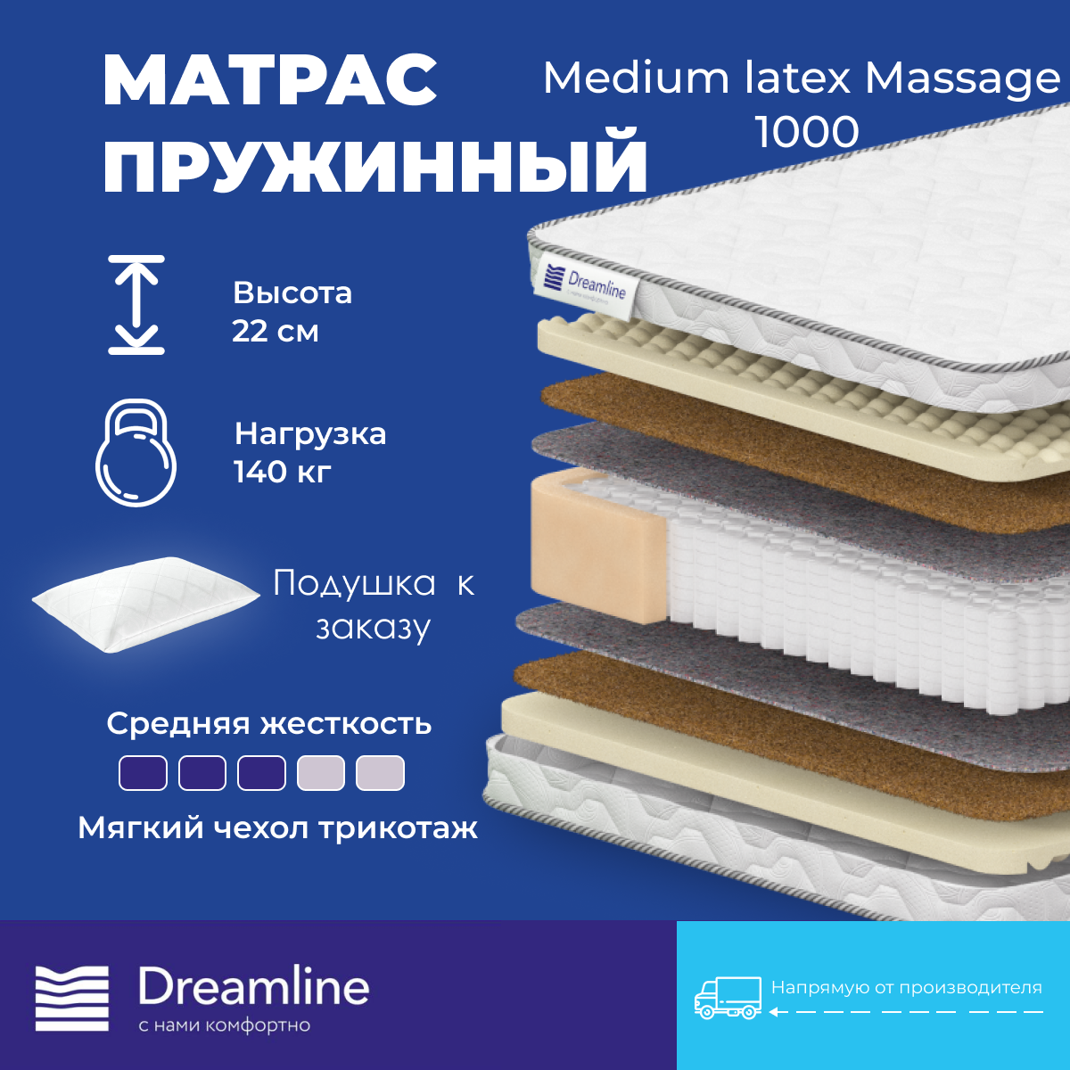 Матрас Dreamline Medium latex Massage 1000 120х200х22 см, пружинный, кокос, латекс массажный