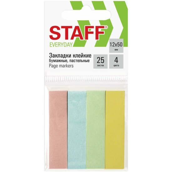 Клейкие закладки Staff пастельные бумажные, 50х12 мм, 100 штук (4 цвета х 25 листов), европодвес, 127147