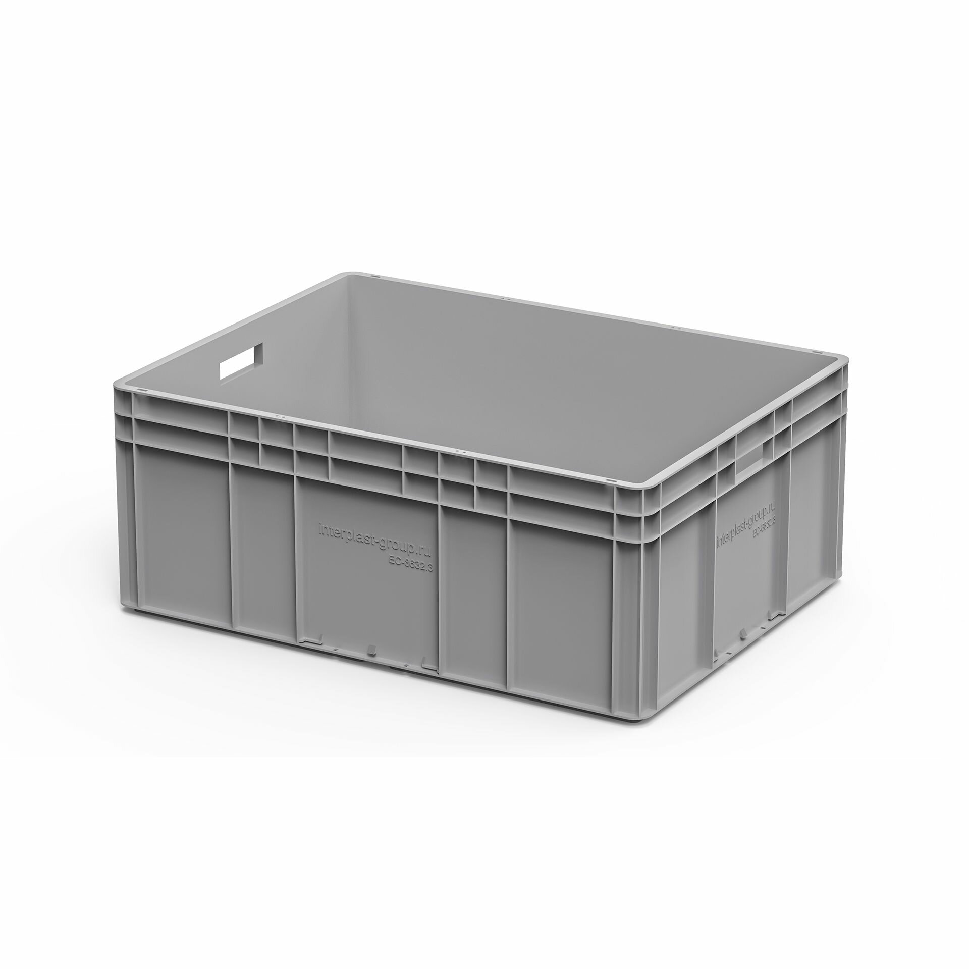 Ящик пластиковый, Евроконтейнер, сплошные стенки открытые ручки, 800х600х320 мм, серый