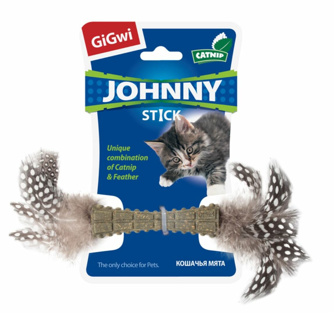 Gigwi игрушка дразнилка для кошек Спрессованная кошачья мята с перьями 8 см, серия JOHNNY STICK