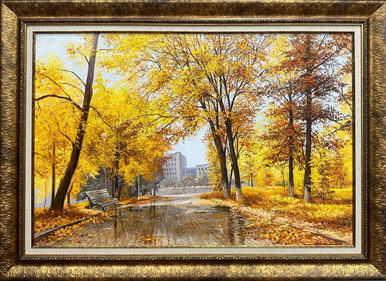 Картина маслом, осенний пейзаж "Осенний бульвар"