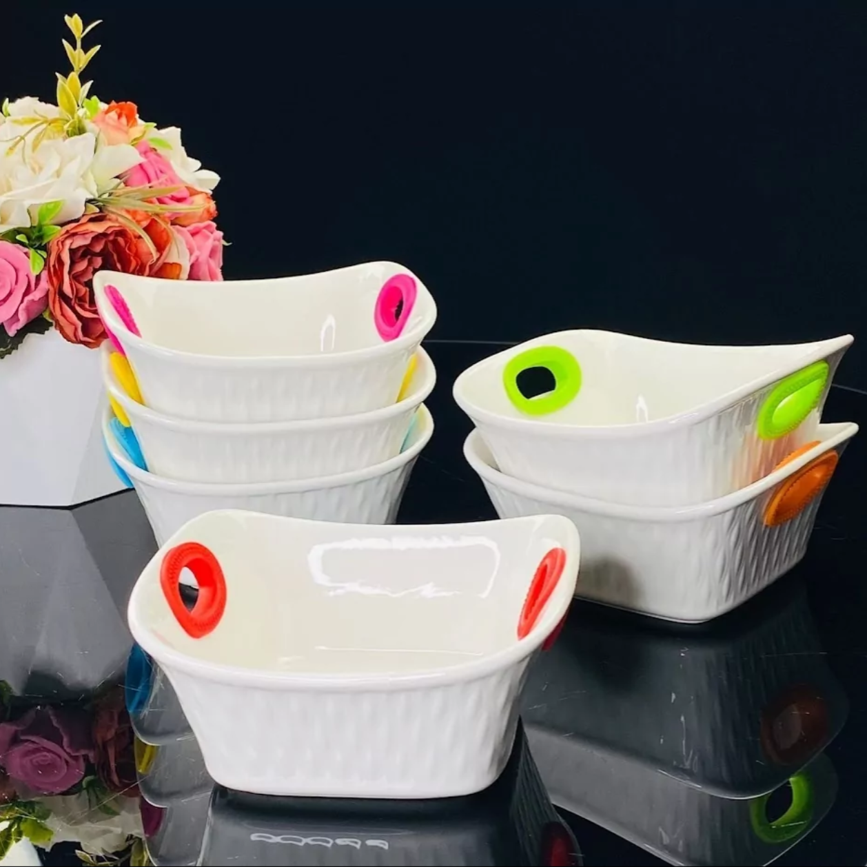 Набор из 6 квадратных салатников 13см с силикон. ручками Фарфор 142-062 118-142-062