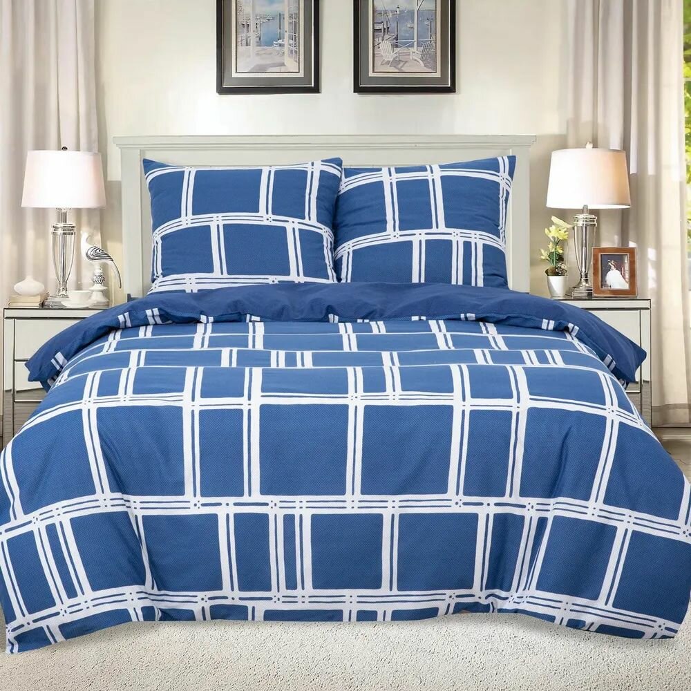 Комплект постельного белья АртПостель "Ультрамарин", 2 спальный с Евро простыней, бязь, синий, клетка