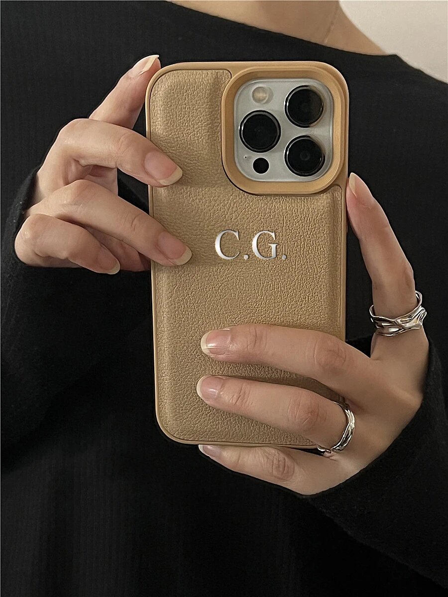 Чехол «сделай сам» с гравировкой, персонализированный Чехол с инициалами для iPhone 16 15 14 13 Pro Max 12 Pro, роскошный кожаный чехол в Корейском стиле для 15 Pro Max Для iPhone 16 Pro Макс, Khaki 3