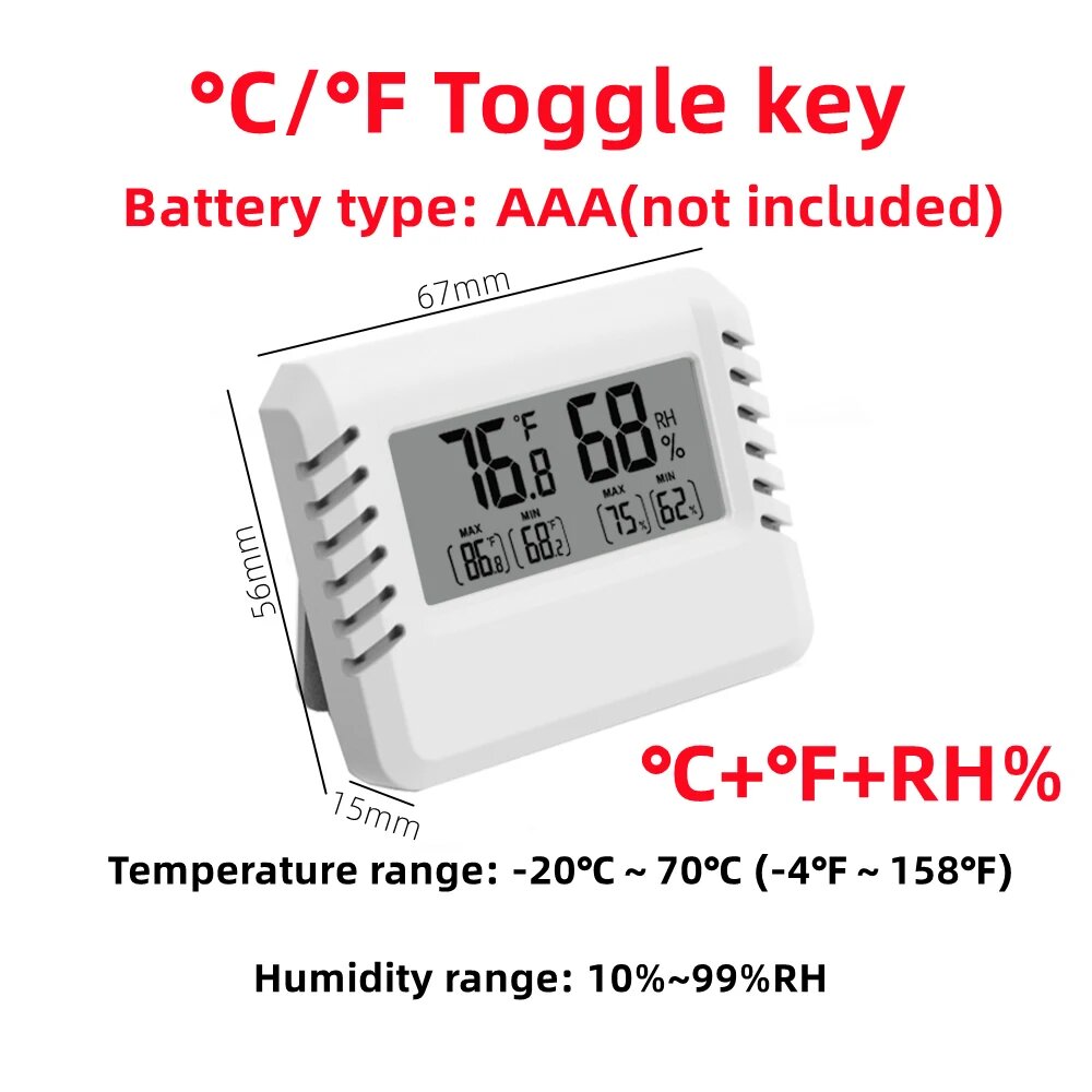 Мини термогигрометр цифровой, белый, °C/°F, диапазон -20°C~70°C