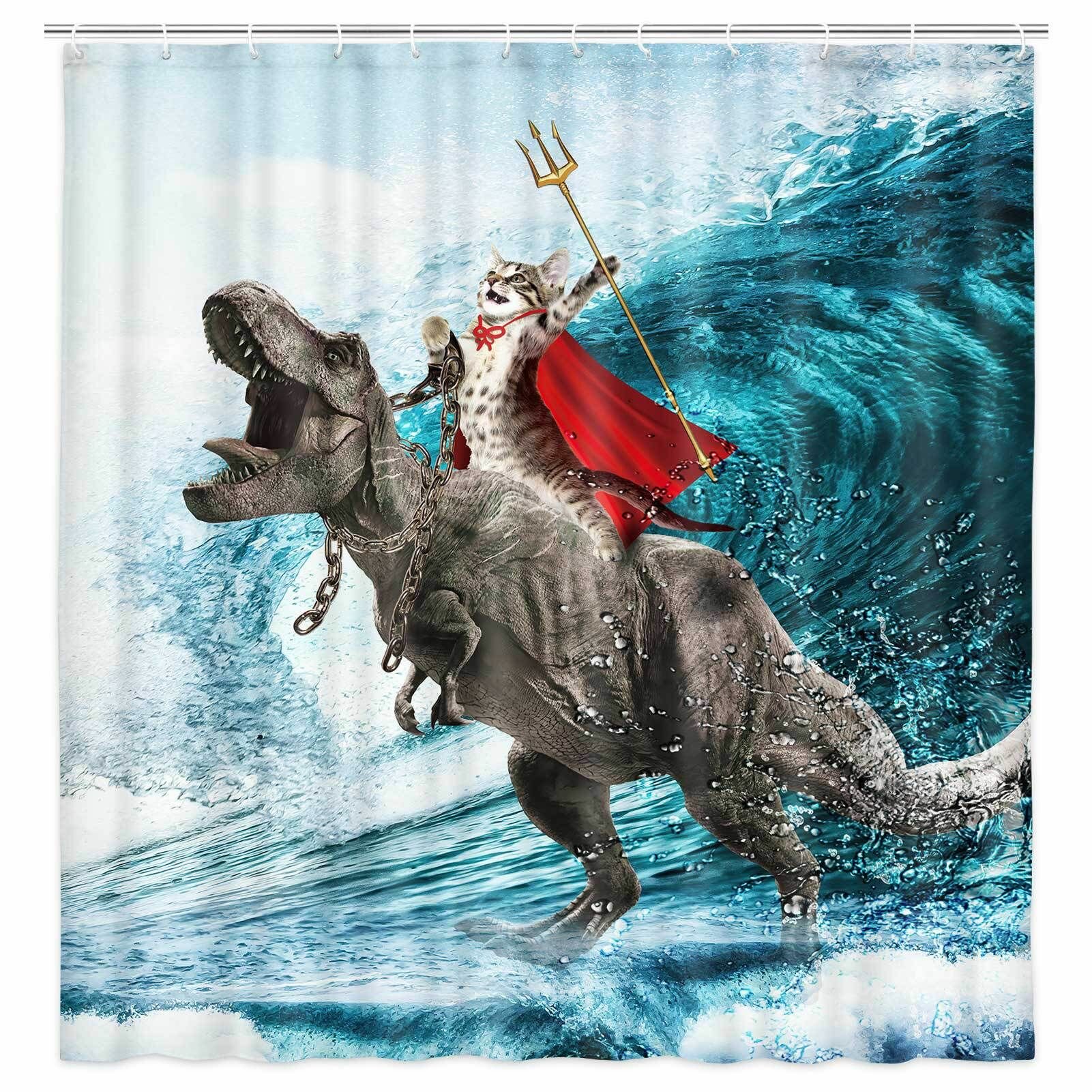 Шторка для ванной 180*180 котик на динозавре