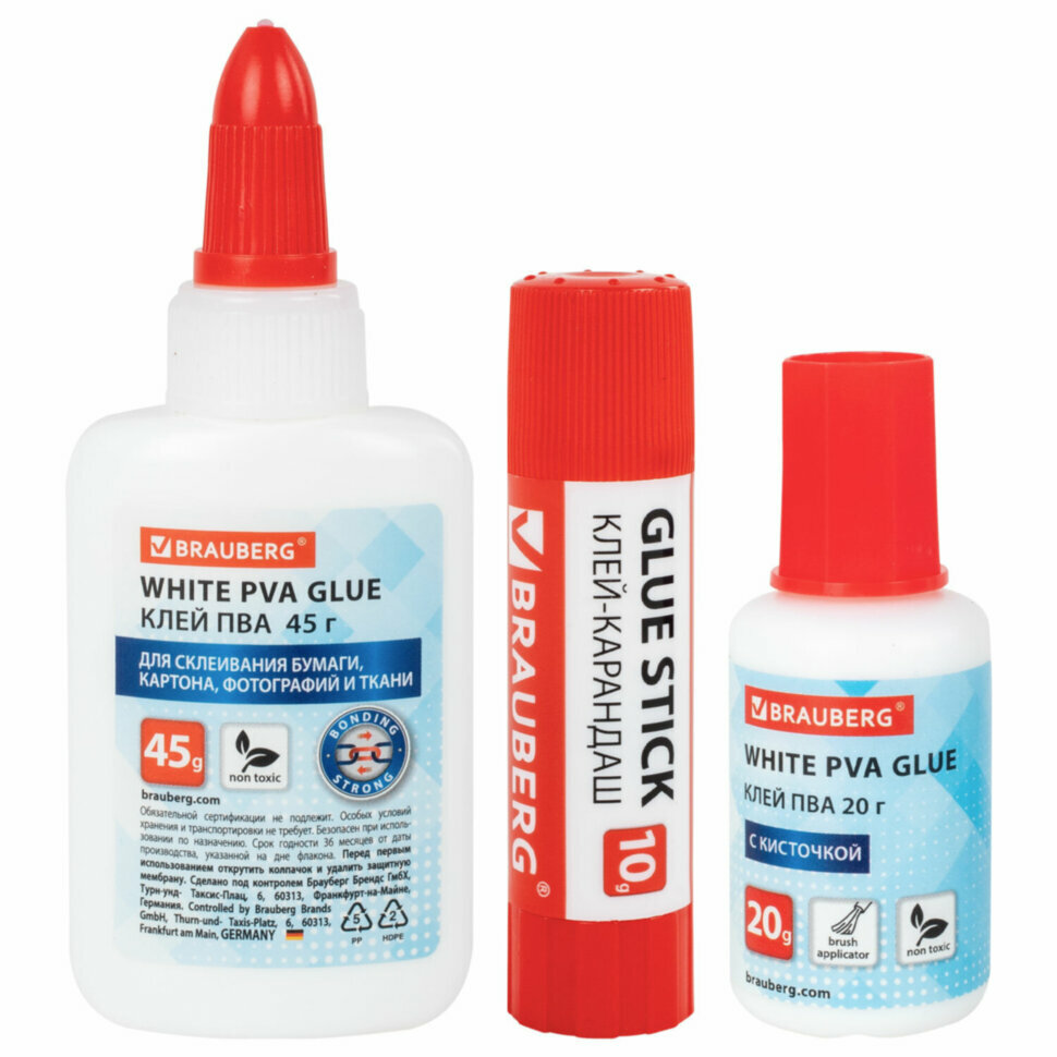 Набор клея BRAUBERG (клей-карандаш PVP 10 г, клей ПВА 45 г, клей ПВА 20 г с кисточкой), блистер, 271978, 271978