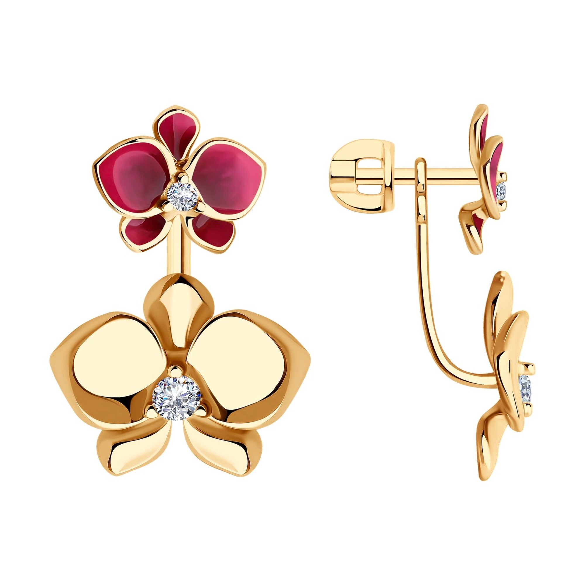 Серьги пусеты, трансформеры, серебро, 925 проба, золочение, эмаль, фианит