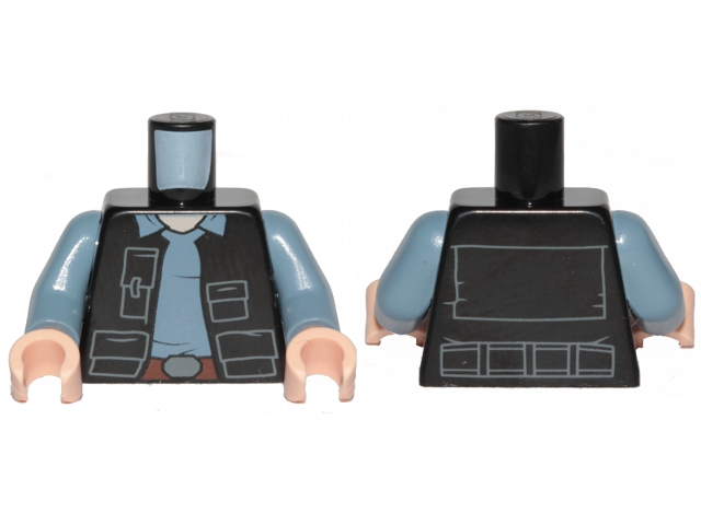 Torso SW Vest Open with Pockets over Sand Blue Shirt with Collar, Reddish Brown Belt with Dark Bluish Gray Buckle, Light Nougat Neck Pattern / Sand Blue Arms / Light Nougat Hands, 973pb3414c01 Black U