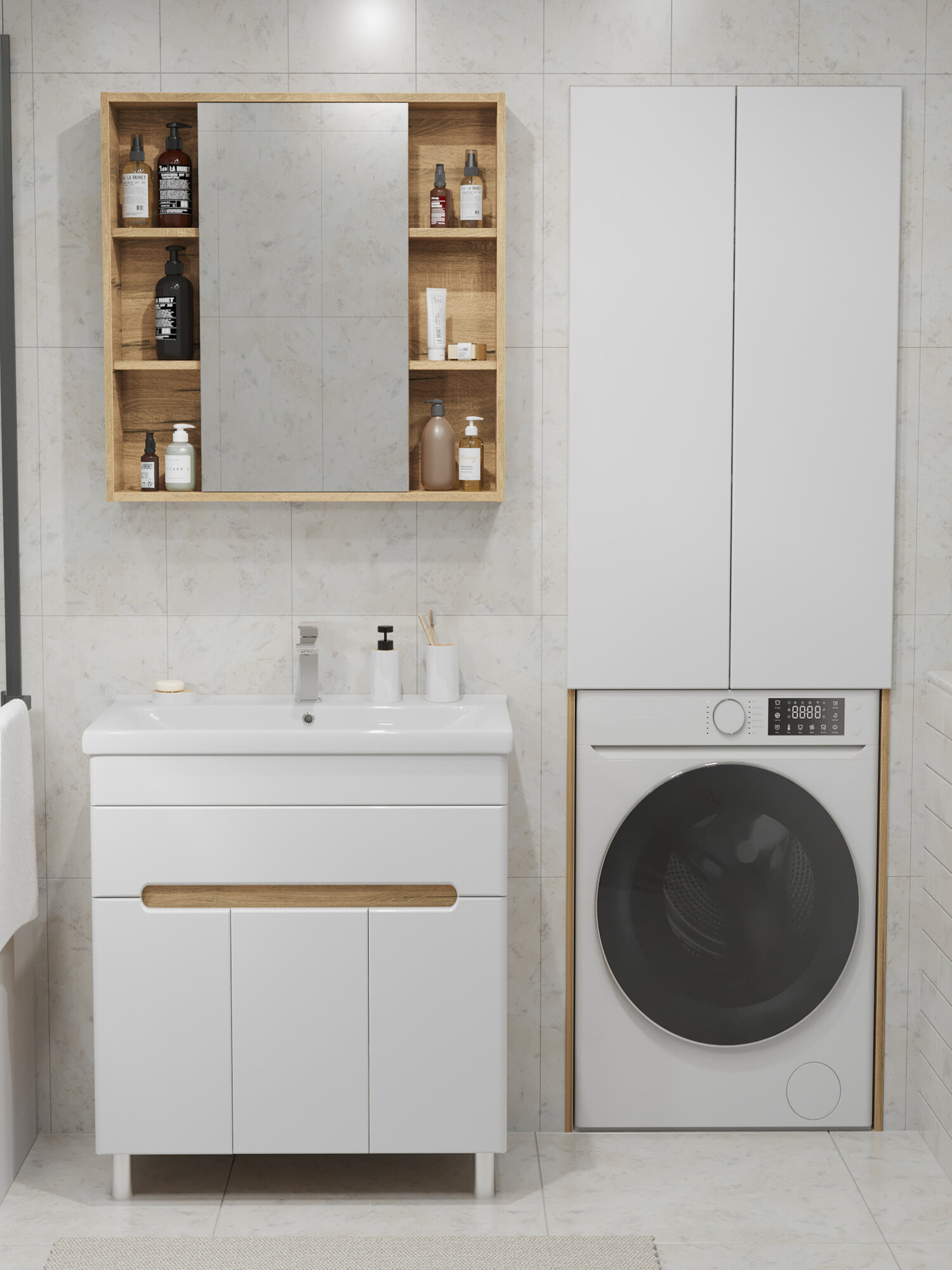 Шкаф напольный SanStar Модена для стиральной машины для ванной комнаты белый, дуб вотан