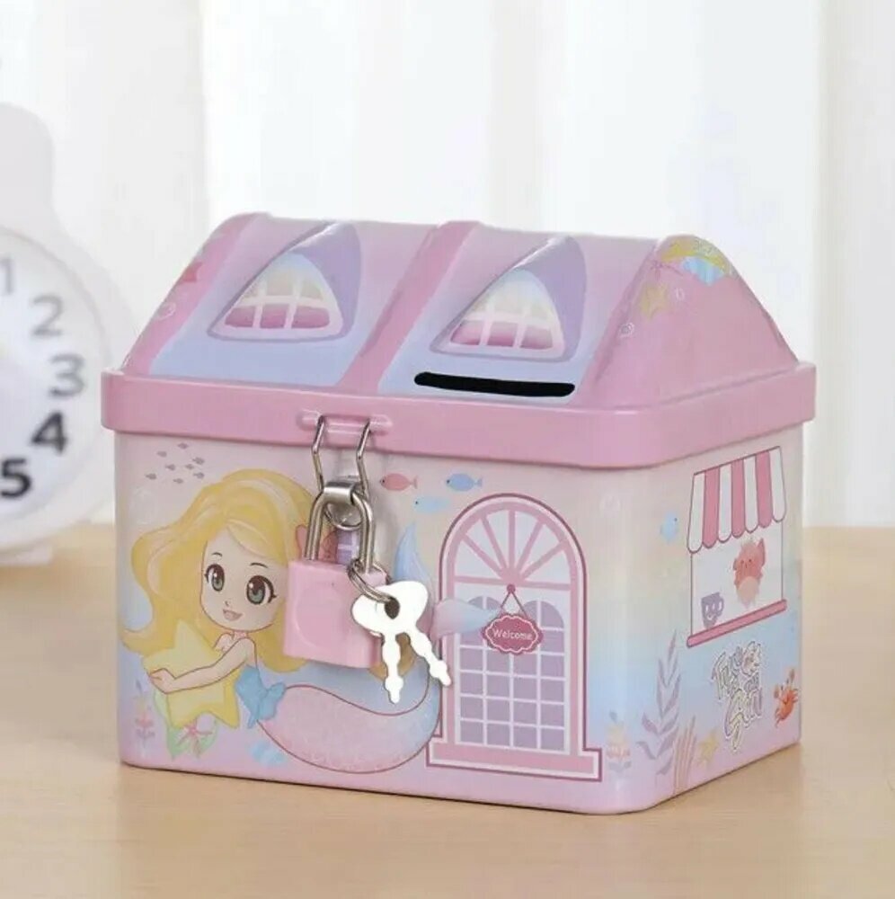 Копилка домик детская с единорогом для денег металлическая с замком и ключом многоразовая для ребенка Единорог для девочек