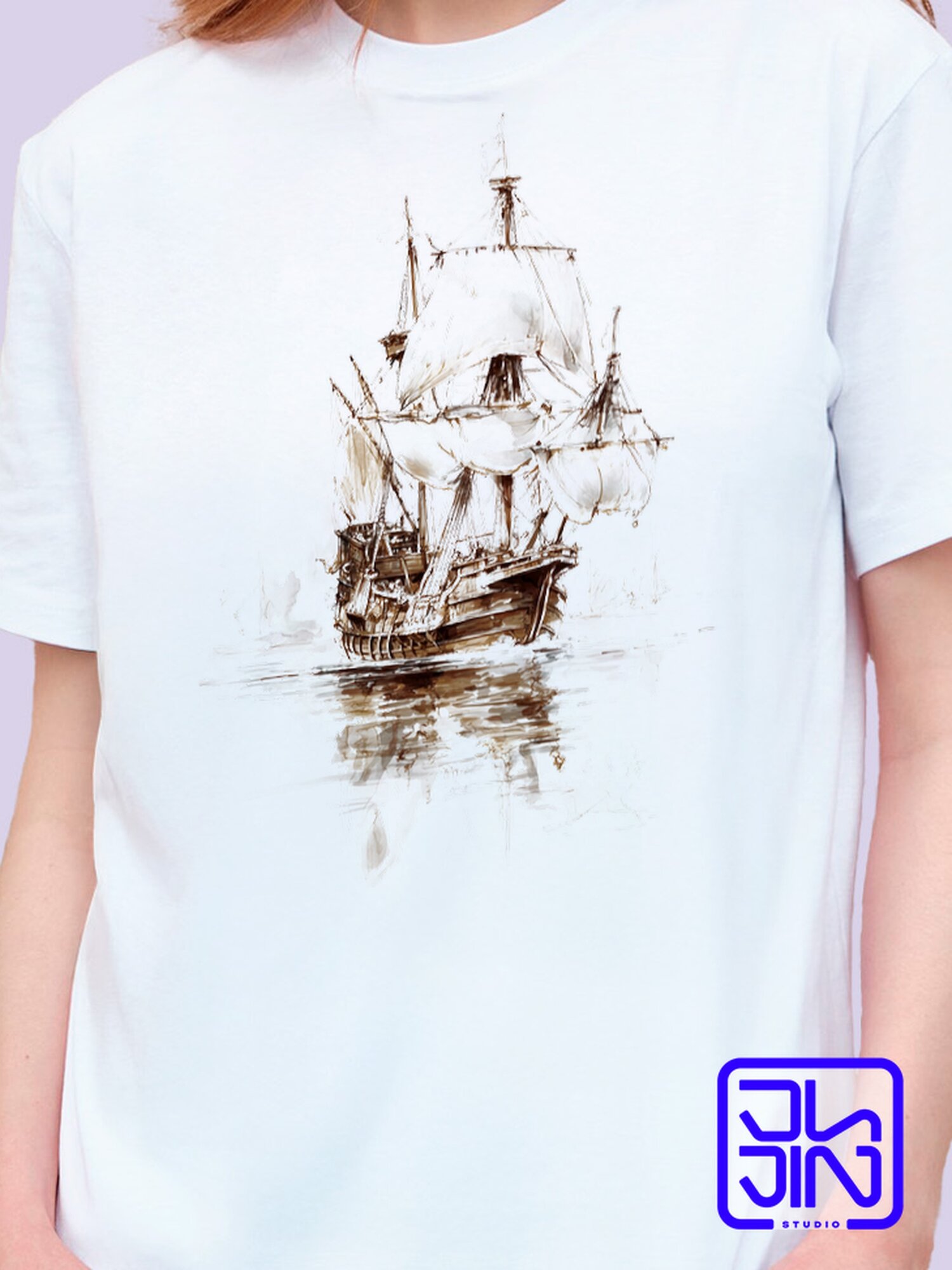 Футболка классическая женская с авторским принтом Винтажный белый парусник с кораблем в ретро стиле на коричневом океане, белый хлопковый трикотаж с прикольным рисунком на груди
