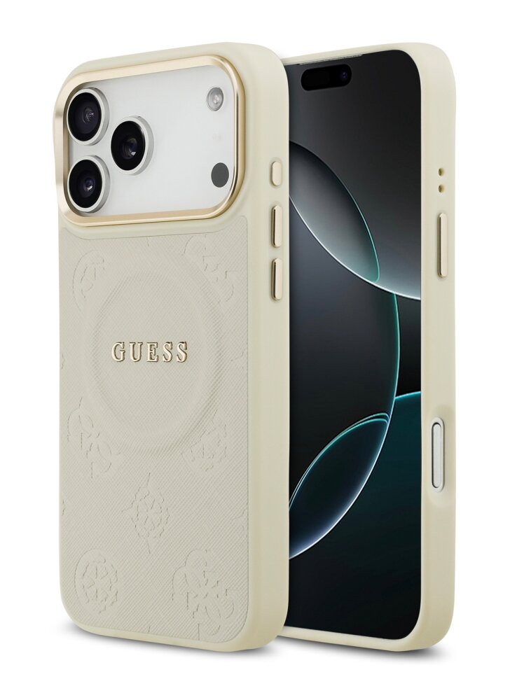 Guess чехол с MagSafe для iPhone 17 Pro, PU кожа Saffiano Peony, с защитой камеры, бежевый