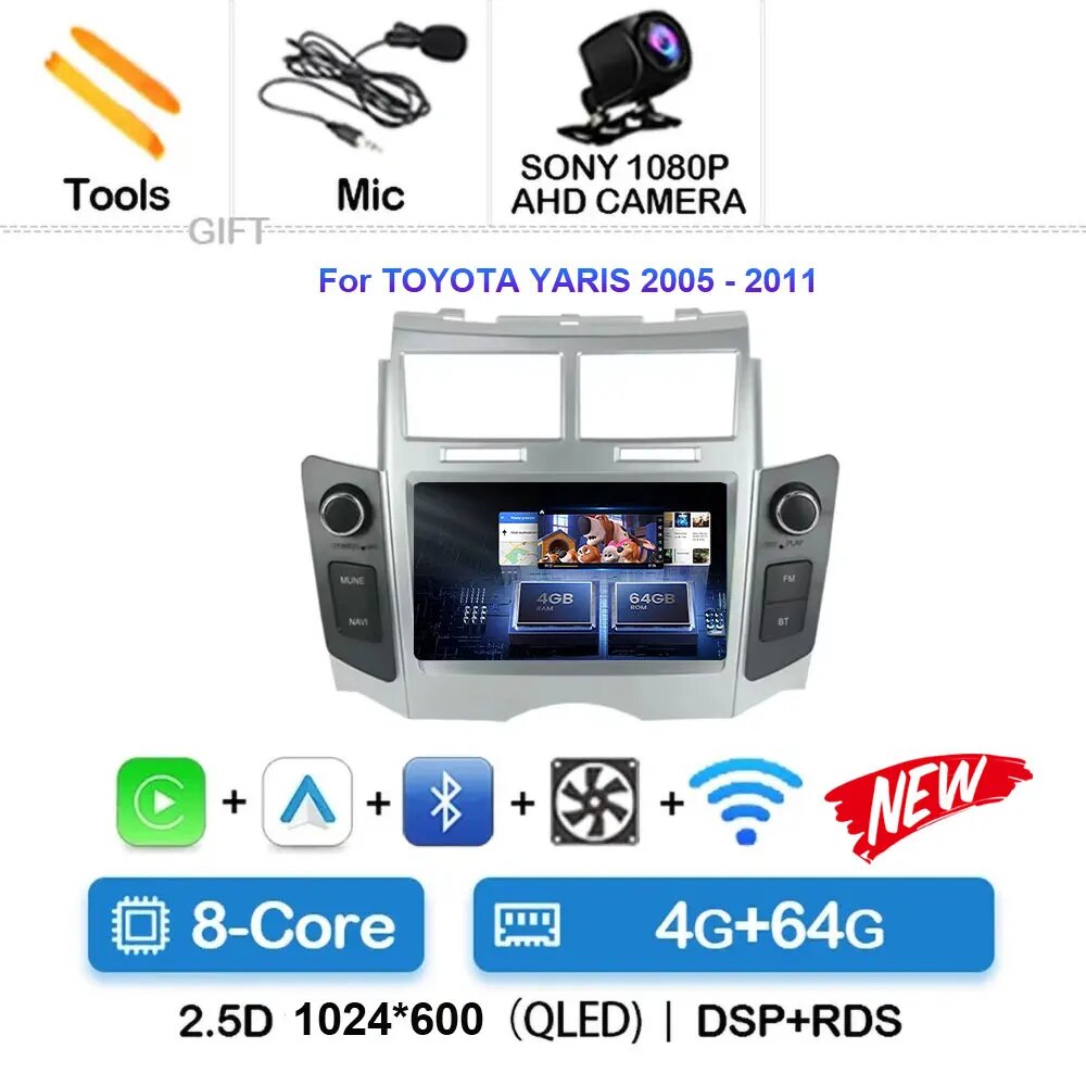 7-дюймовый автомобильный радиоприемник Android 14 для Toyota Yaris XP90 Vitz Platz 2008-2011, GPS-навигация, стерео CarPlay, автомультимедийный видеоплеер 4G-64G CAM