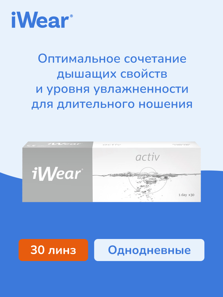 Контактные линзы iWear "activ", однодневные, R 8.6, -1.75, 30 штук