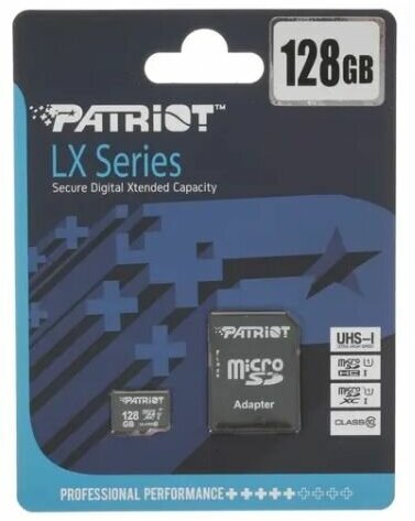 Карта памяти Patriot LX microSDXC 128 ГБ (PSF128GMCSDXC10) - Class 10, UHS Class 1, запись - 10 Мбайт/сек, чтение - 80 Мбайт/сек