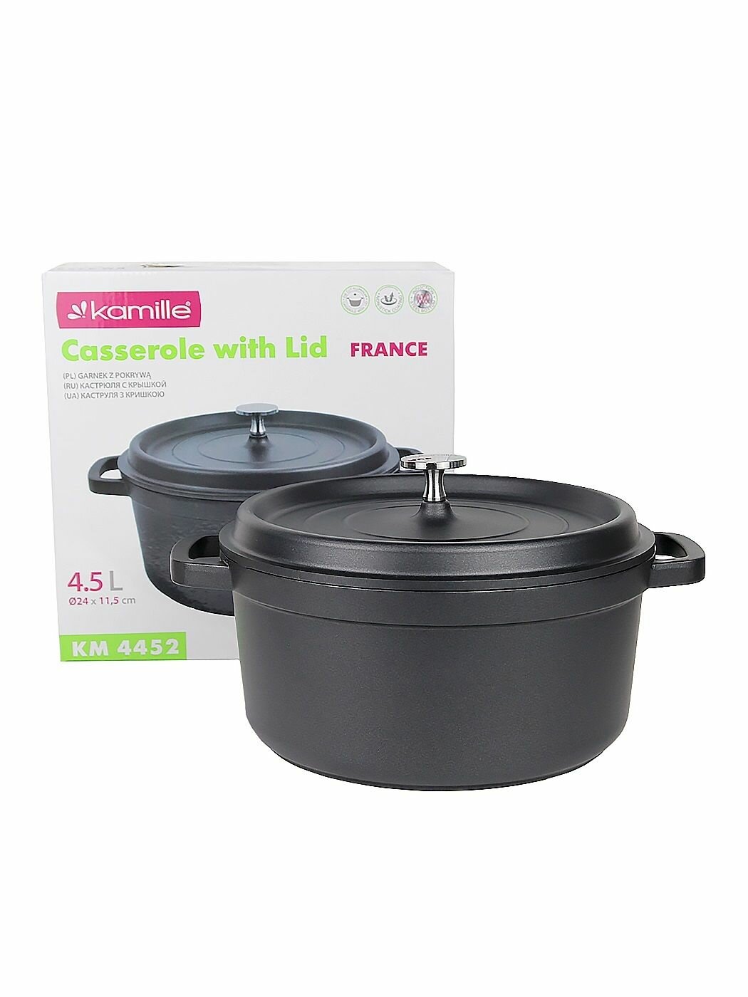 Кастрюля FRANCE 24х11.5см из литого алюминия с антипригарным покрытием с крышкой (черный)
