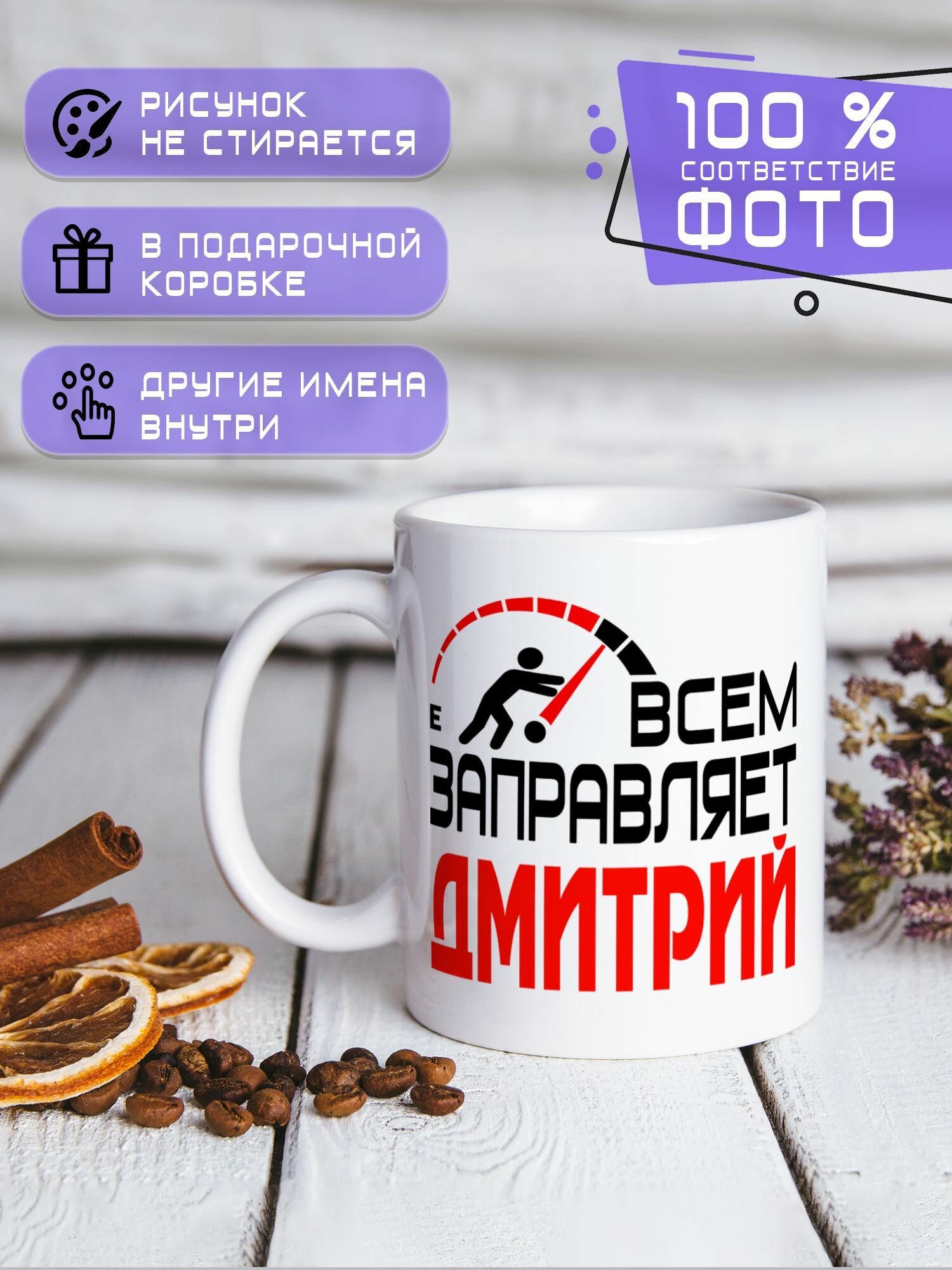 Кружка керамическая подарок на день рождения, именная с принтом "Всем заправляет Дмитрий"