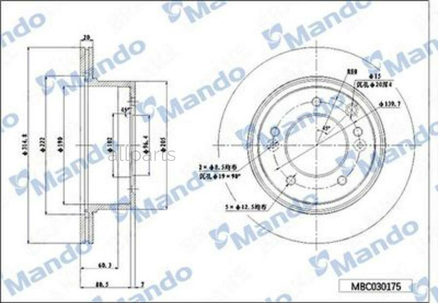 MANDO MBC030176 Диск тормозной передний HYUNDAI SANTA FE (00-) (4WD) (R16) MANDO MBC030176