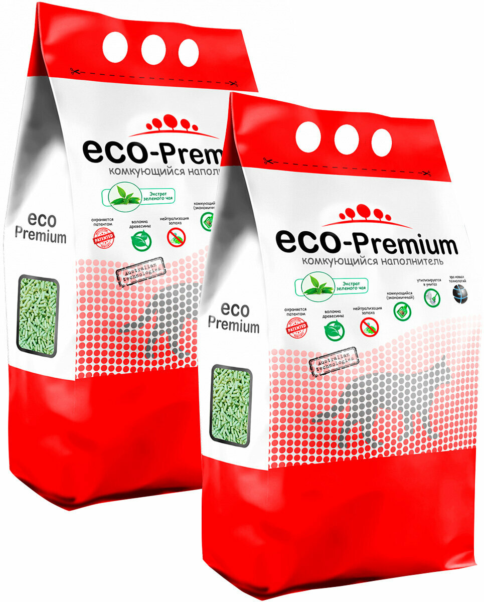 ECO-PREMIUM зеленый ЧАЙ наполнитель древесный комкующийся для туалета кошек с ароматом зеленого чая (7,6 + 7,6 кг)