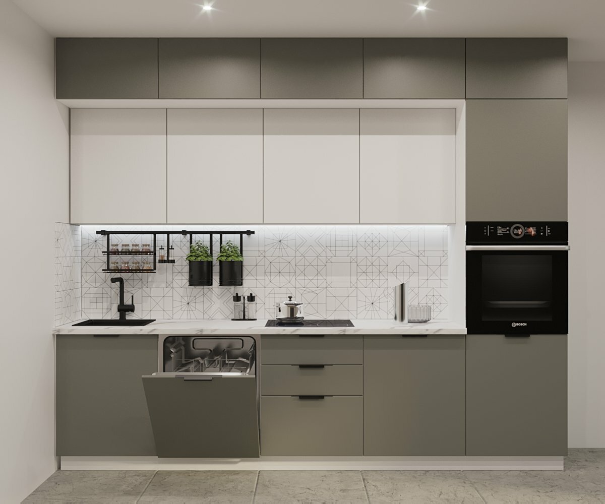 Кухонный гарнитур Фаска Обсидиан/Тальк, 3000 мм, с пеналом для бытовой техники