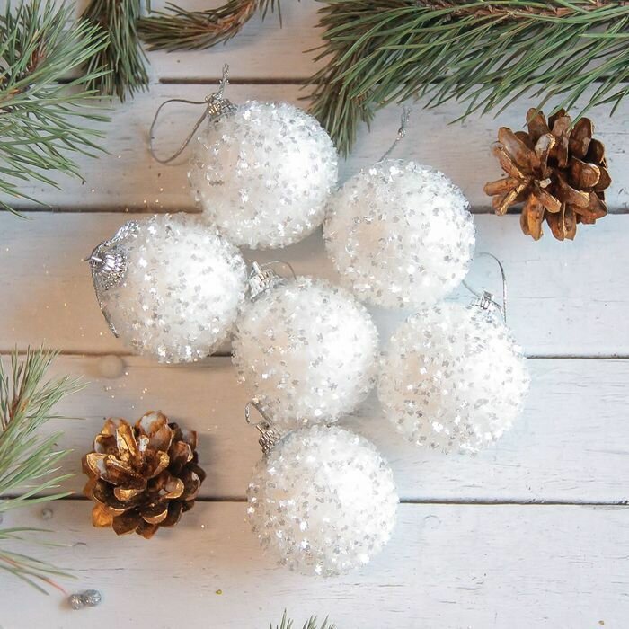 Елочные шары Зимнее волшебство "Пушинка", диаметр 4,5 см, белые, пластик, 6 шт
