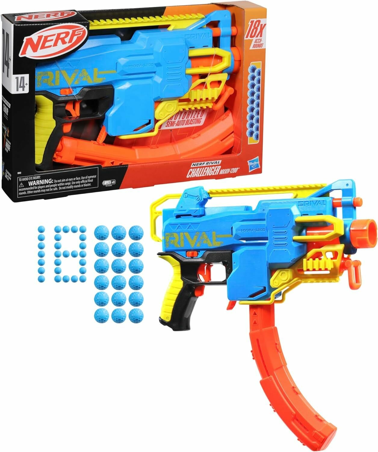 Моторизованный бластер Nerf Rival Challenger MXXIV-1200, изогнутый магазин на 12 патронов, 18 патронов Nerf Rival Accu-Rounds, подарки для подростков