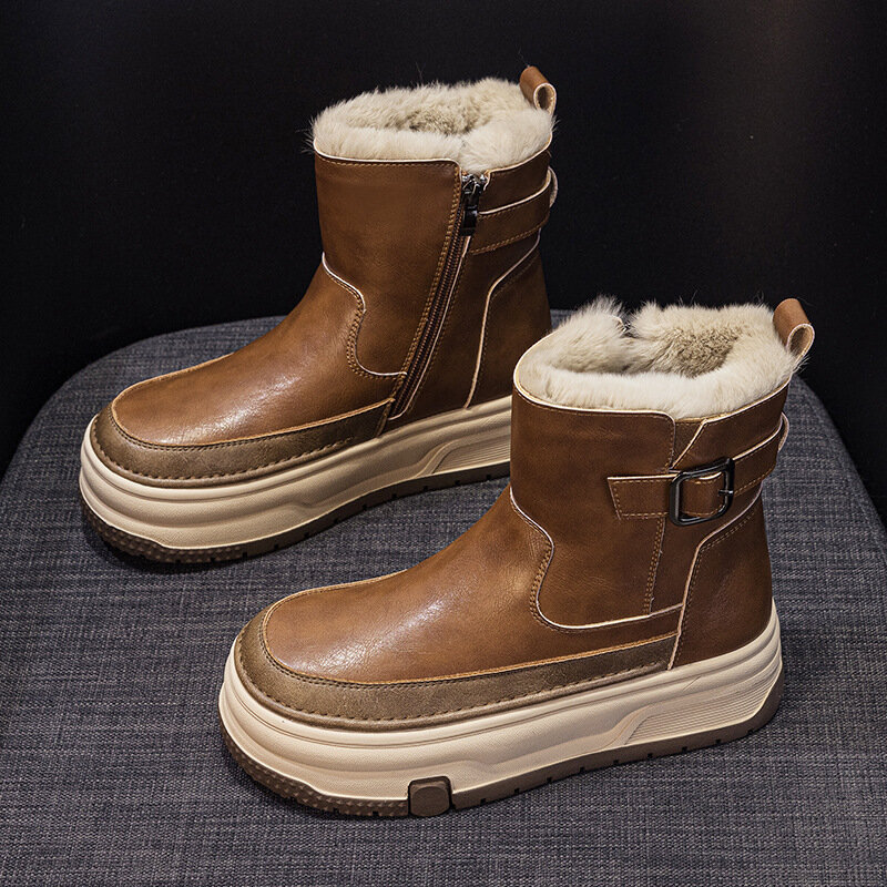 Женские зимние ботинки 2025 года, новые зимние короткие ботинки с утолщенной бархатной подошвой в корейском стиле, теплые, с усиленной нескользящей подошвой, из хлопка