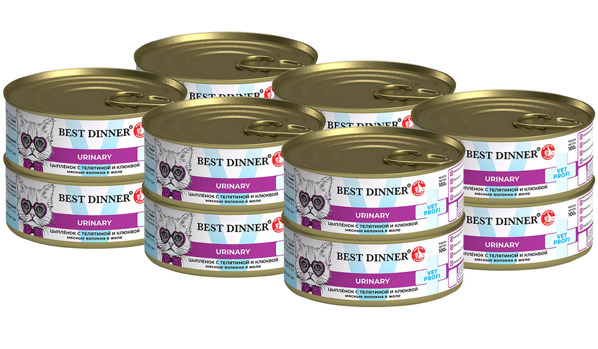 Корм влажный Best Dinner Vet Profi Urinary для взрослых кастрированных котов и стерилизованных кошек для профилактики мочекаменной болезни, цыпленок, телятина и клюква, 100 г х 12 шт