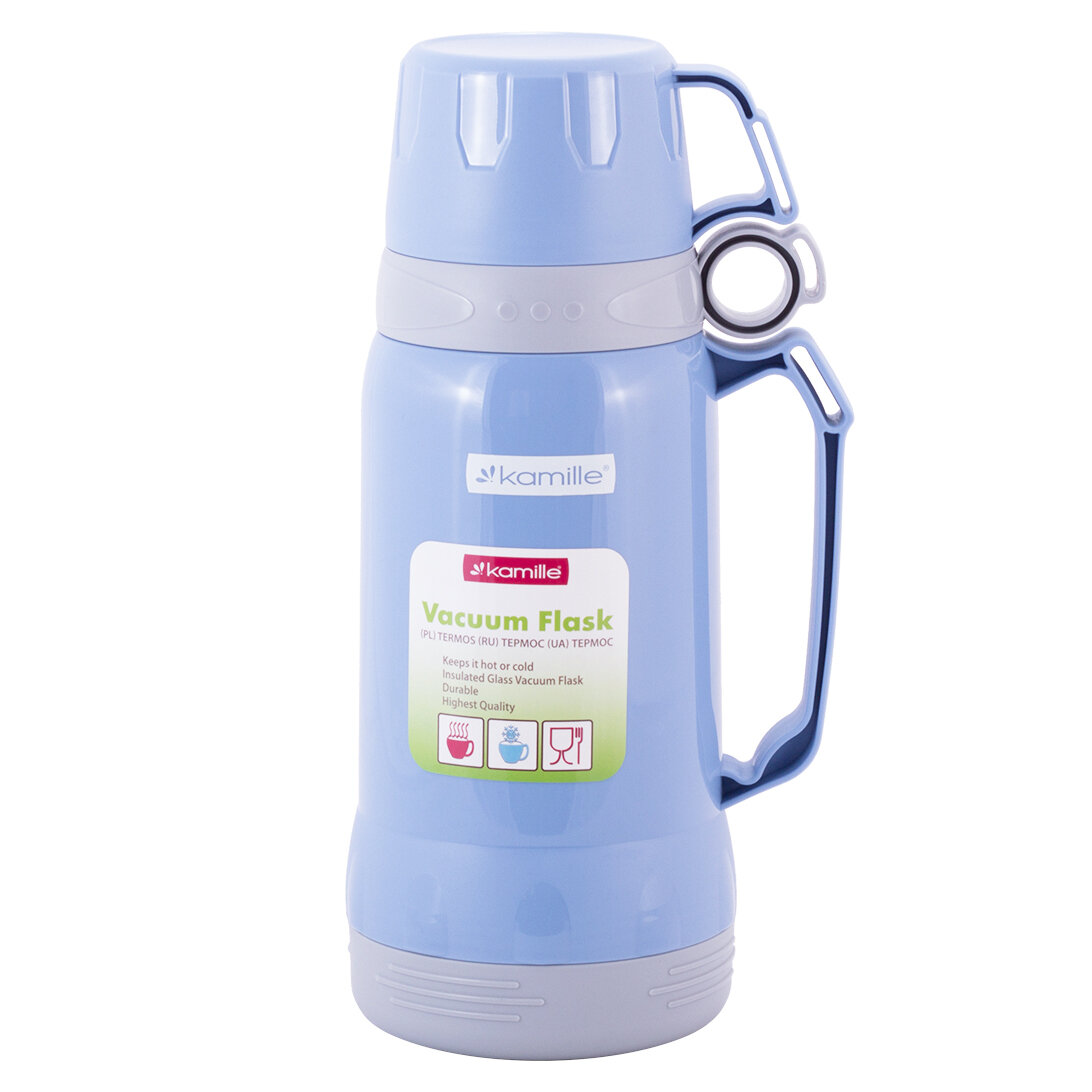 Термос 1000 мл. со стеклянной колбой Kamille KM-2023 пластиковый корпус, 2 чашки (2023 / голубой)