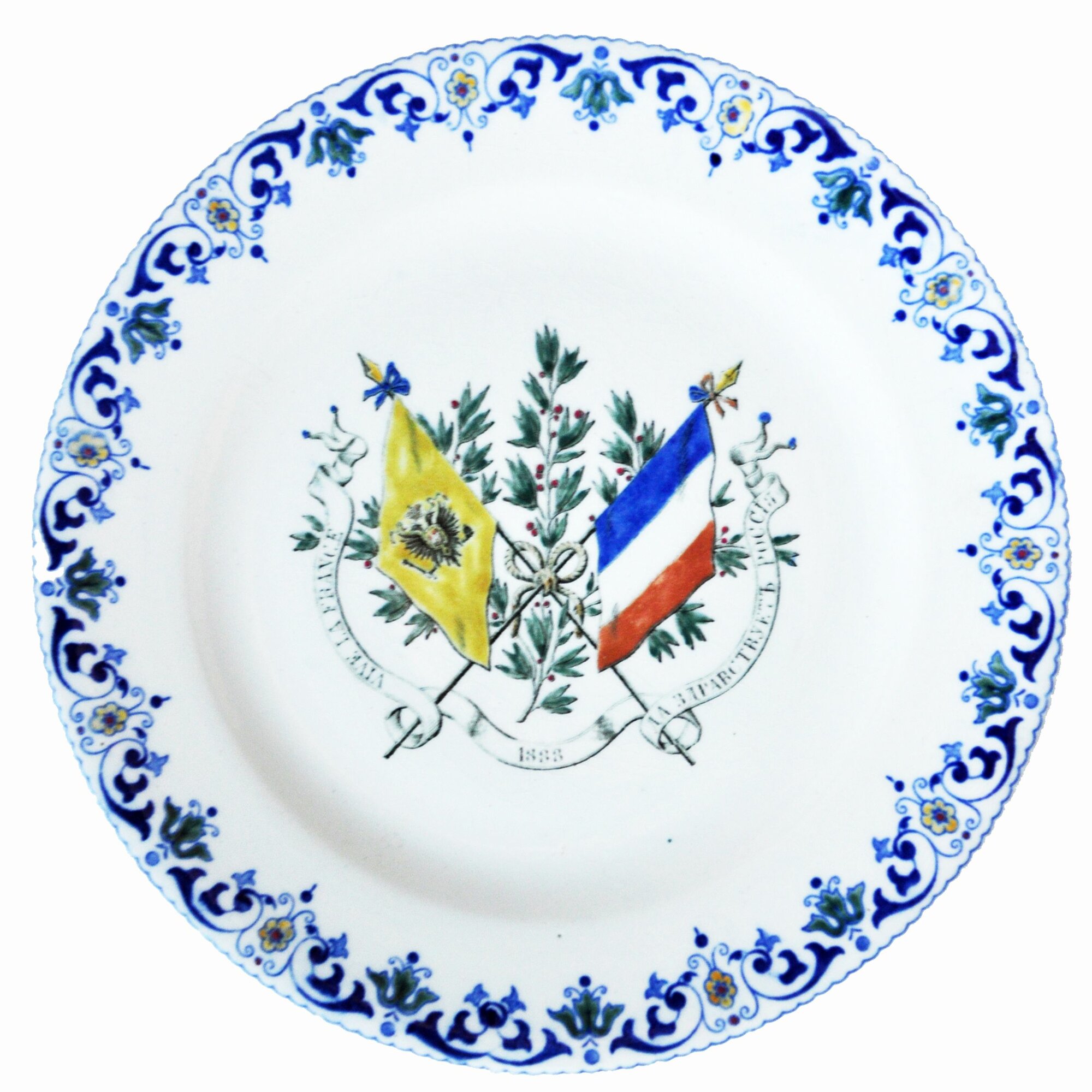 Антиквариат. Памятная тарелка "Русско-французский союз 1891-1893 гг.". Фаянс, деколь, надглазурная роспись. Франция, Париж,1888 год.