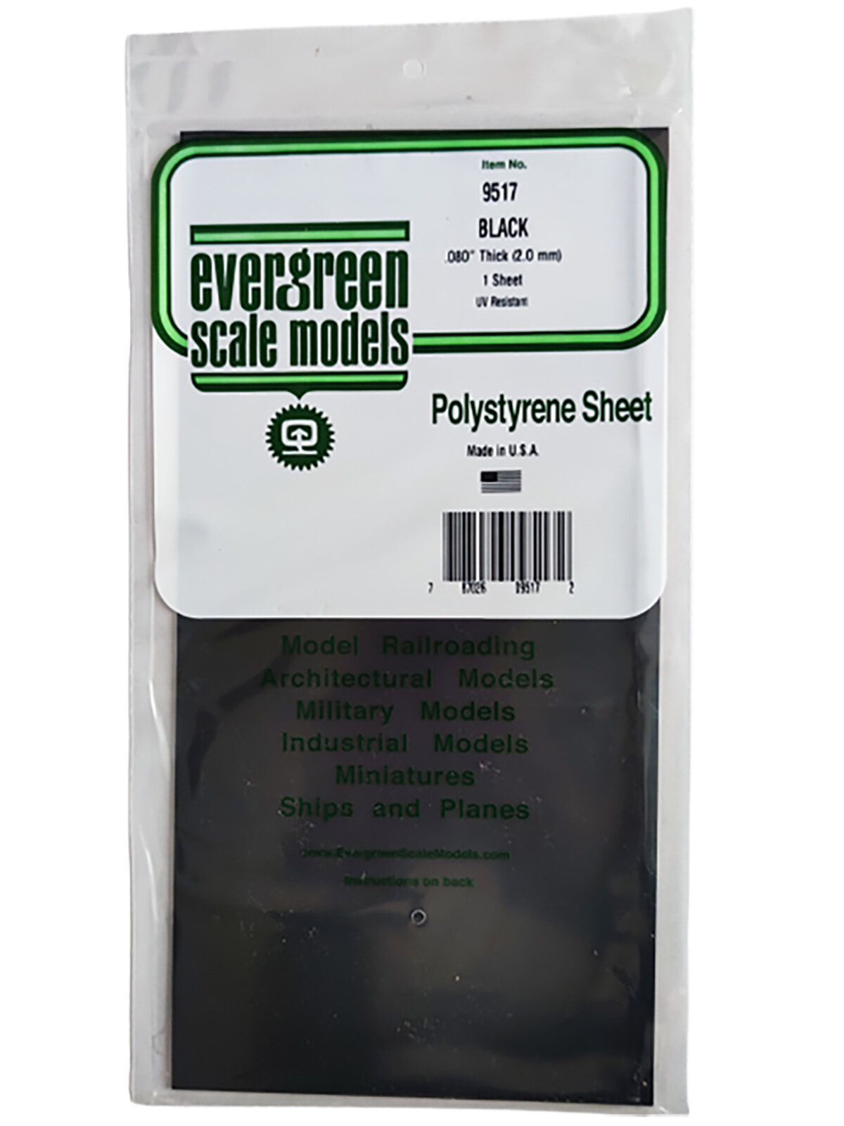 Черный пластик 2 мм, лист 15х30 см, для моделирования, Evergreen