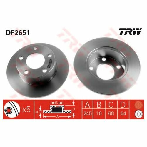 Тормозной диск задний TRW DF2651 для Audi 100, A6; Skoda Superb I; VW Passat