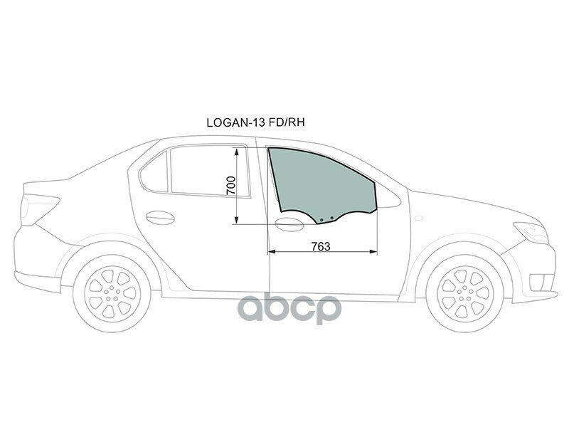 Стекло боковое опускное (Спереди/ Справа/ Цвет зеленый) Renault Logan 14-22 / Sandero 14-22 XYG арт. LOGAN-13 FD/RH
