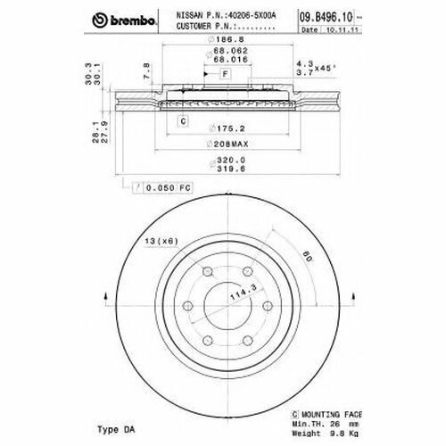 Тормозной диск передний Brembo 09b49610 для Nissan NP300, Pathfinder III