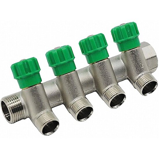 Коллекторная группа Euros с регулируемыми вентилями и переходами на наружную резьбу 4 выхода 1" x 1/2"