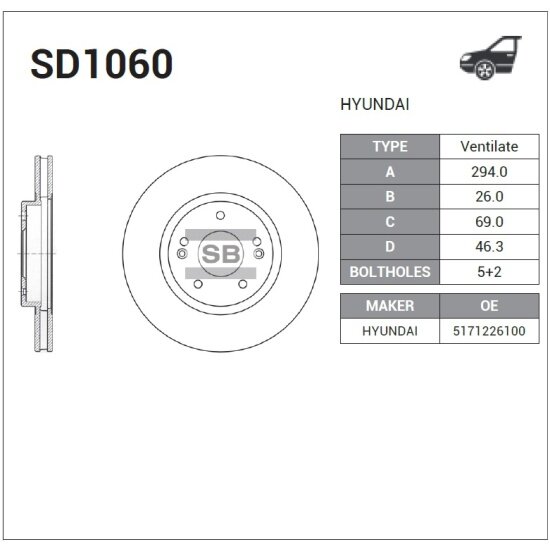 Диск тормозной передний Sangsin Brake для Hyundai Santa FE, SD1060, 1 шт