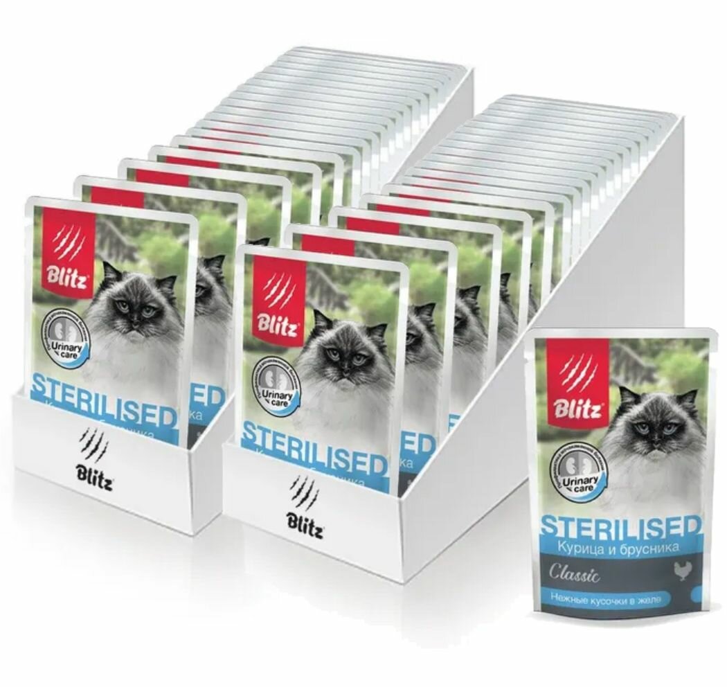 Корм влажный Blitz Classic Sterilised Cat для стерилизованных кошек (курица и брусника) полнорационный, 48 шт