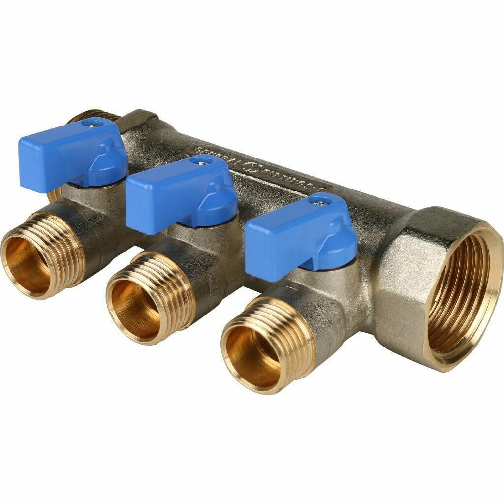 Коллектор с шаровыми кранами STOUT SMB 6211 011203 1", 3 отвода 1/2" (синие ручки)