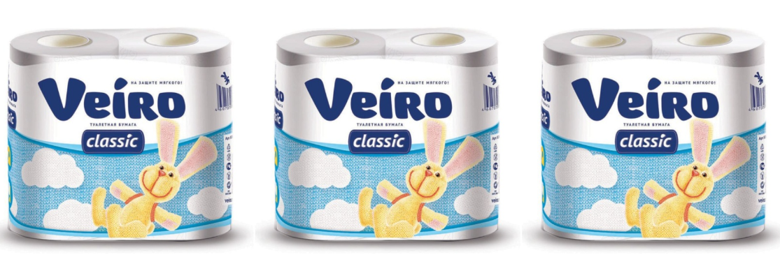 Туалетная бумага Veiro Classic белая, 2 слоя, 4 рулона, 3 уп